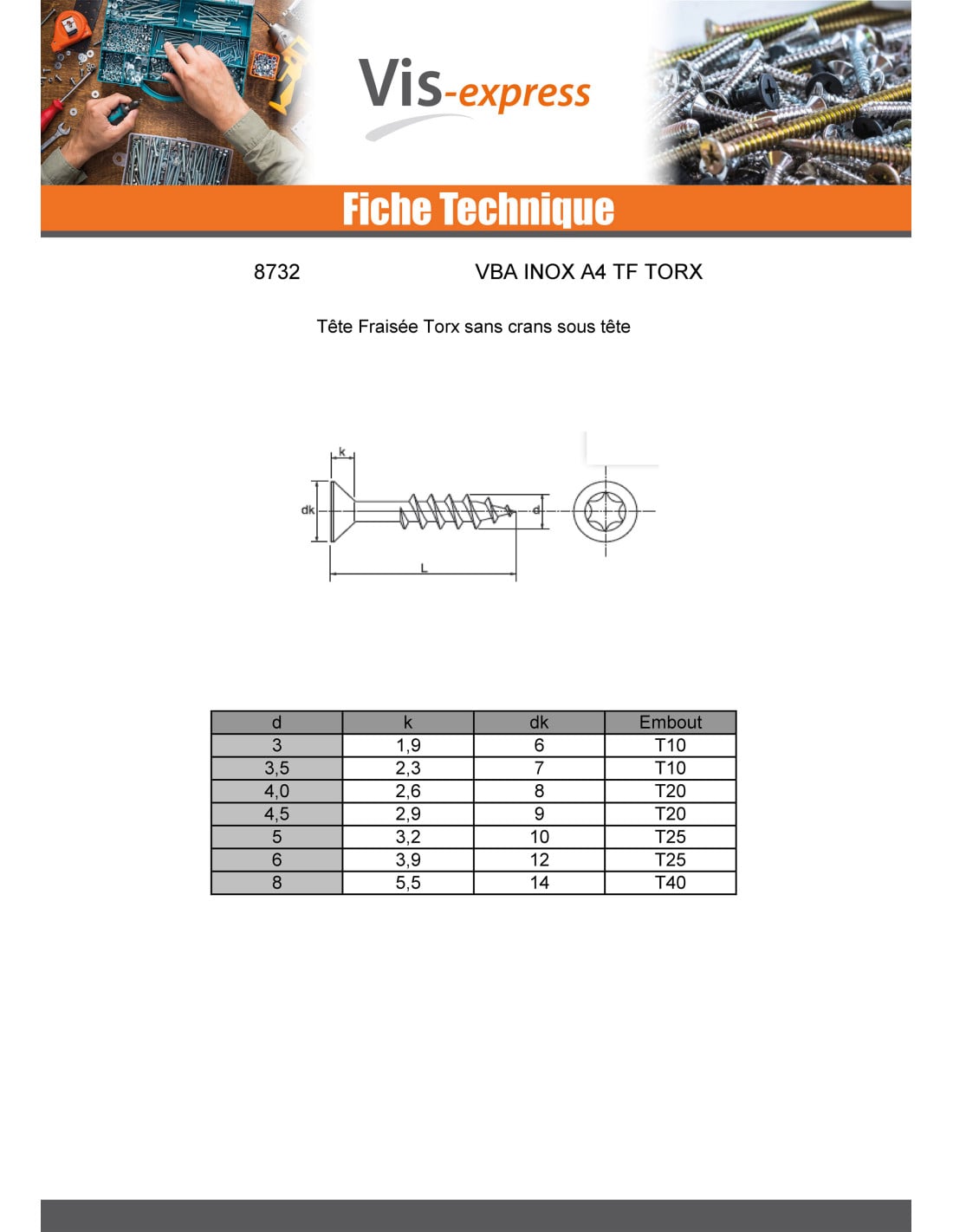 VBA Vis bois agglo Tête fraisée TF TORX 6X100 Filetage total Inox A4