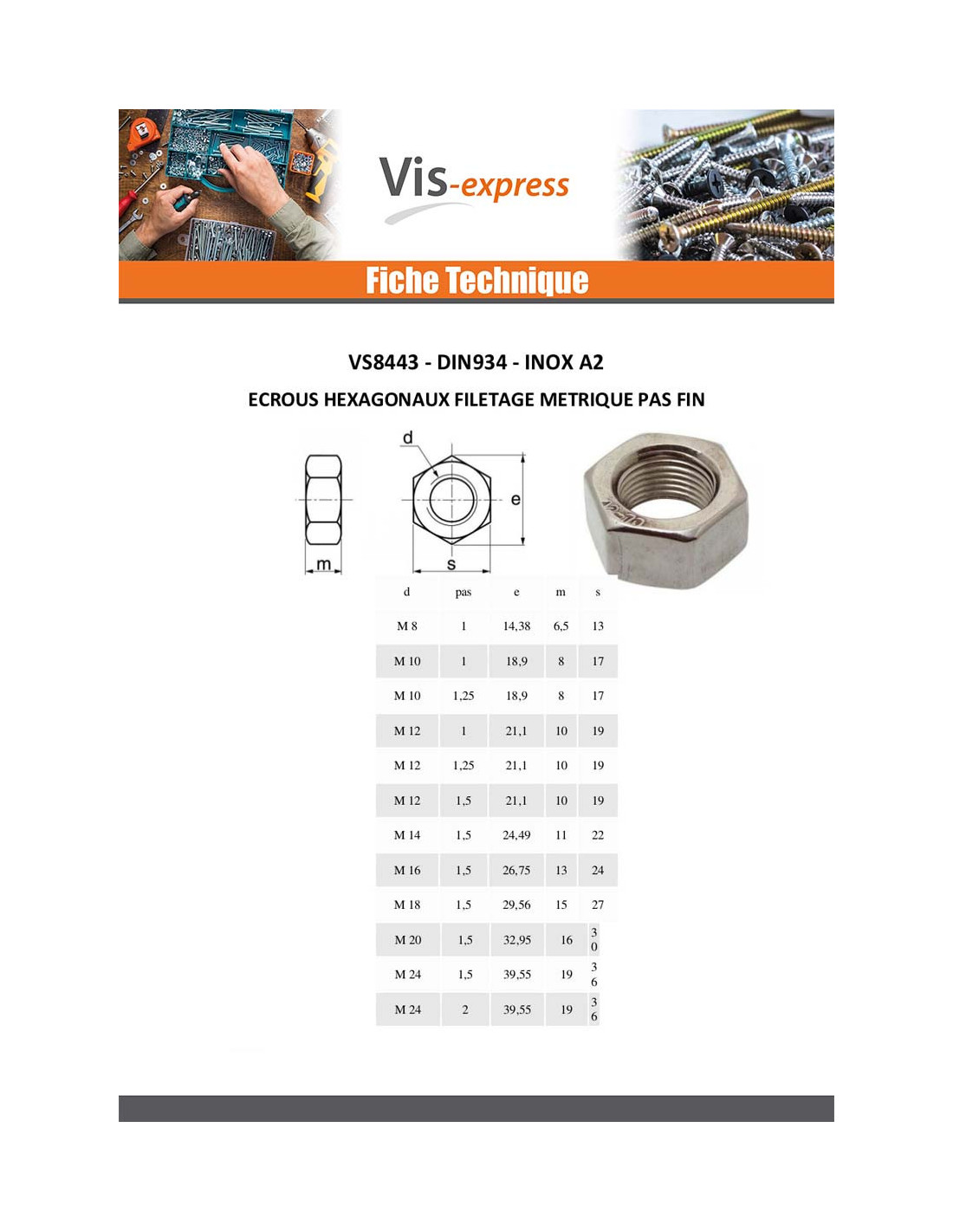 Ecrou Hexagonal HU M22 Pas fin Pas de 150 Inox A2