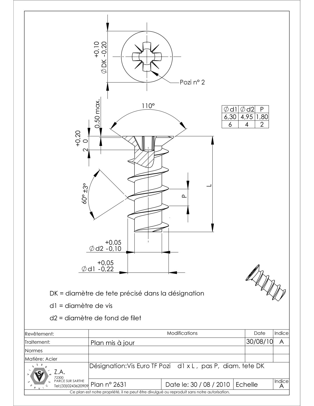 Vis Euro Tête fraisée TF Pozi 6.3X11 Diamètre de tête: 7.5 Acier zingué ...