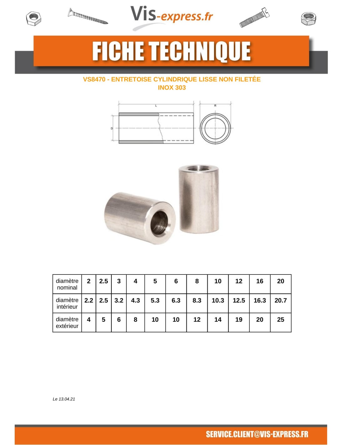 Entretoise Cylindrique Lisse 5X4 Diamètre Intérieur 2.5 Inox