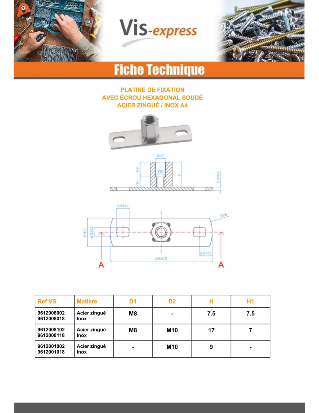 Platine de fixation Avec Ecrou Hexagonal HU M10 Acier zingué
